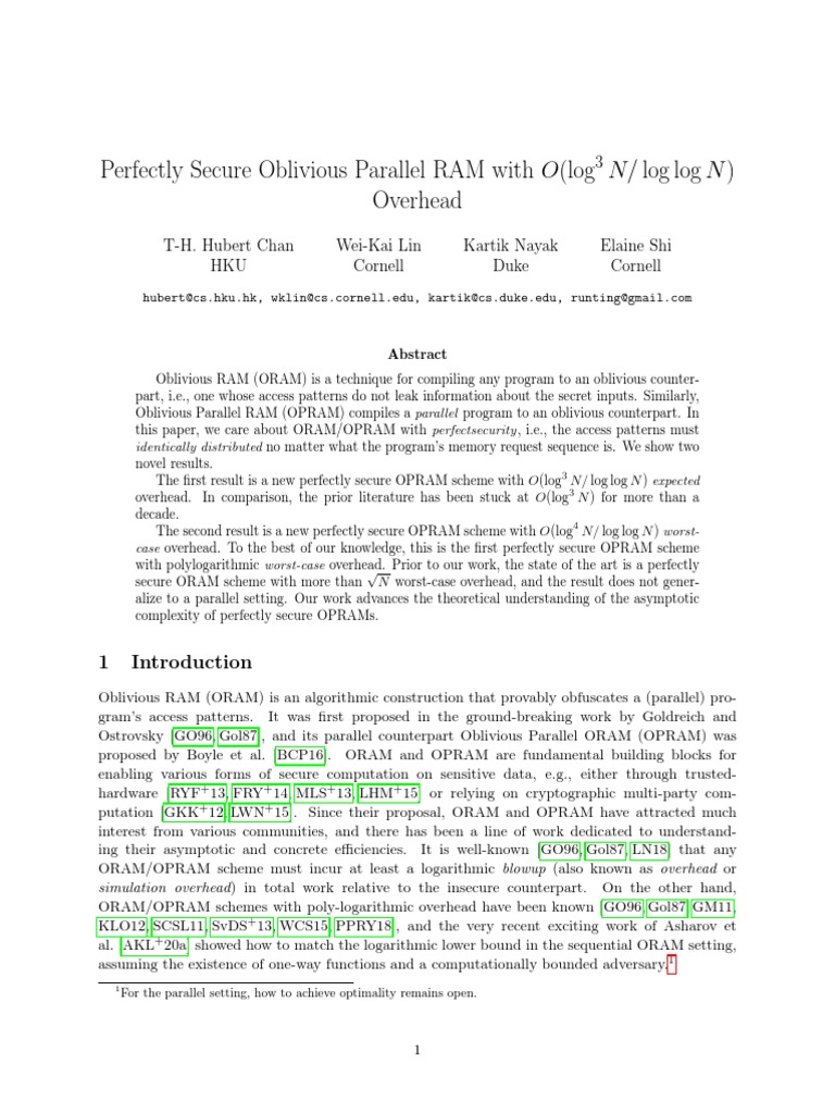 Perfectly Secure Oblivious Parallel RAM With O (Log N/ Log Log N) Overhead | PDF | Time ...