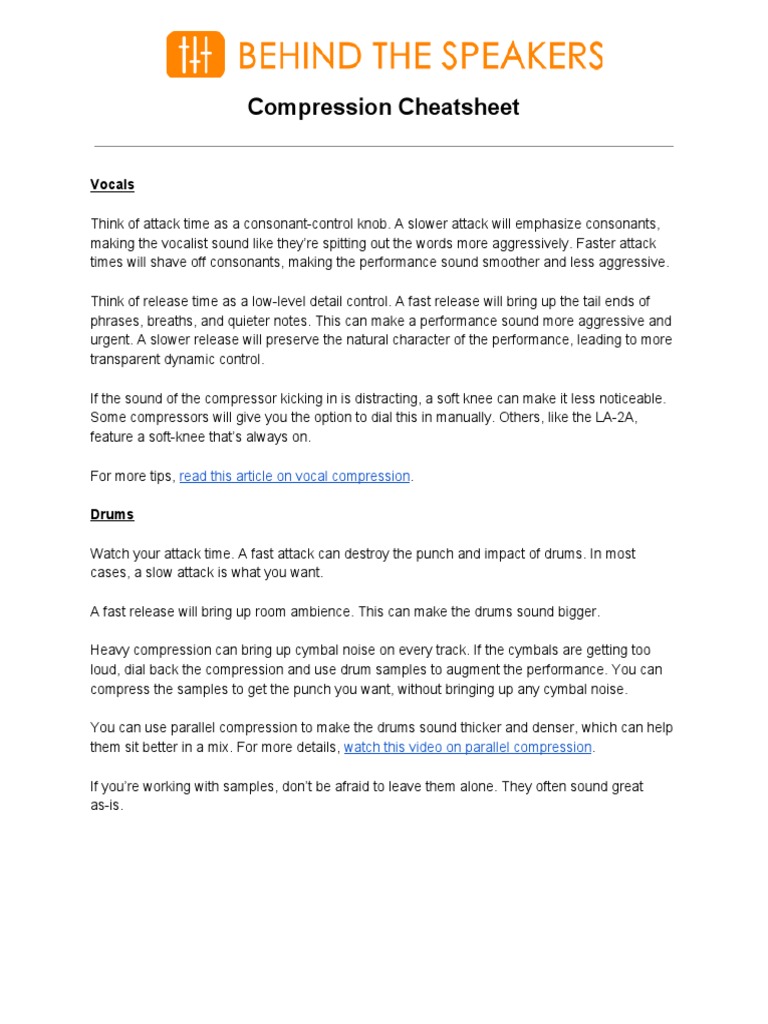 Compression Cheatsheet: Vocals | PDF | Audio Engineering | Sound Production