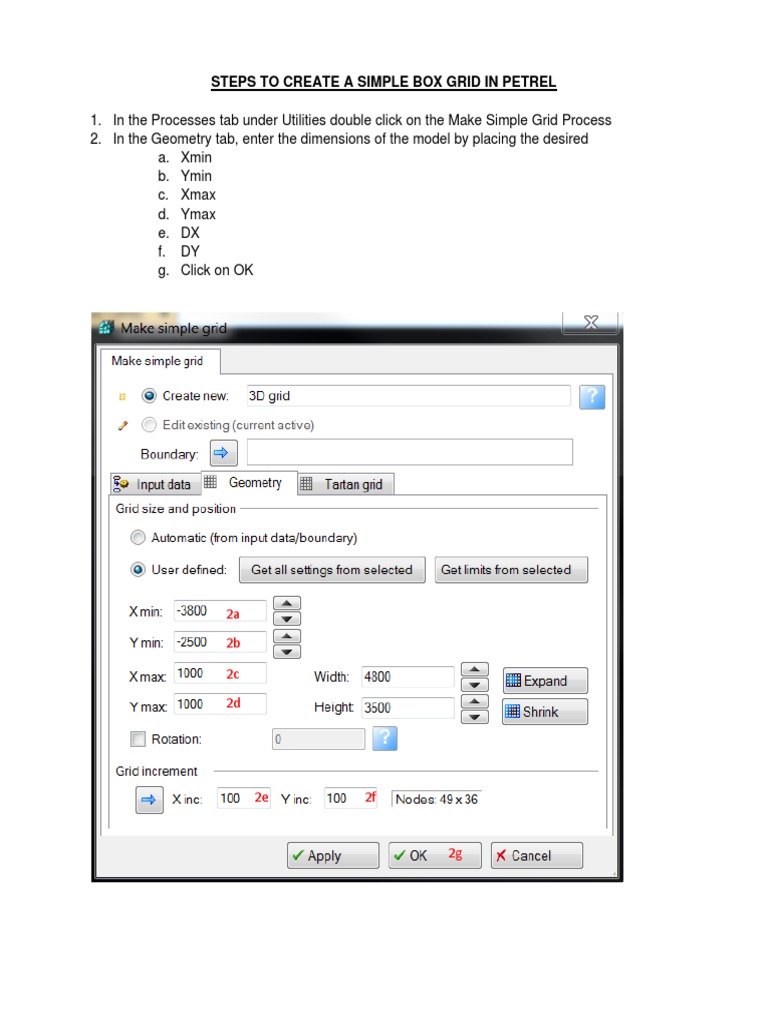 Steps To Create A Simple Box Grid in Petrel: 2a 2b 2c 2d | PDF