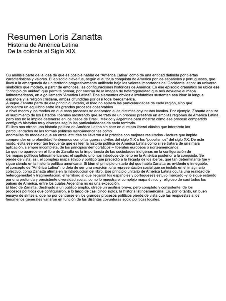 Resumen Loris Zanatta | PDF | America latina | Américas