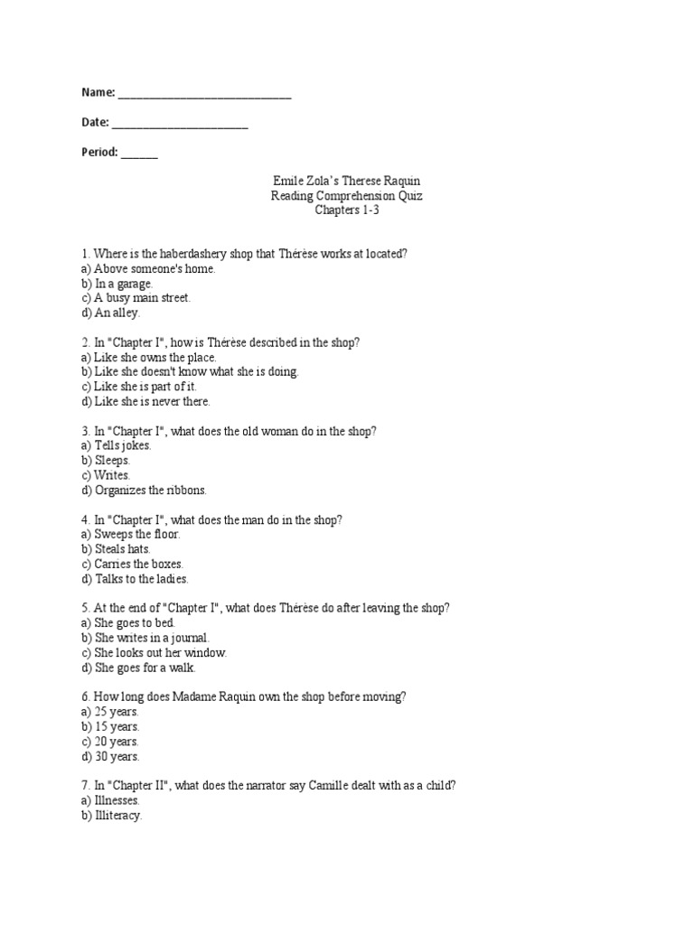Emile Zolas Therese Raquin Reading Comprehension Quiz Chapters 13 | PDF