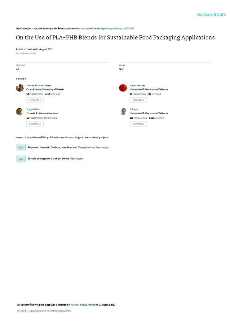 On The Use of PLA-PHB Blends For Sustainable Food Packaging ...