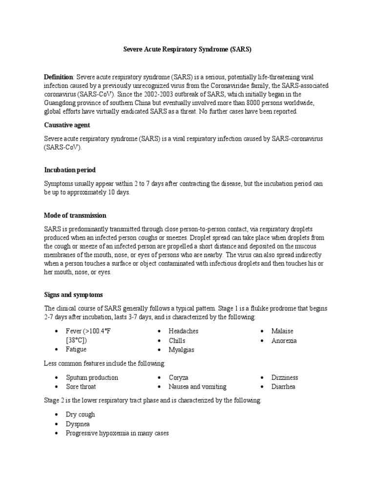 Severe Acute Respiratory Syndrome (SARS) | PDF | Infection ...