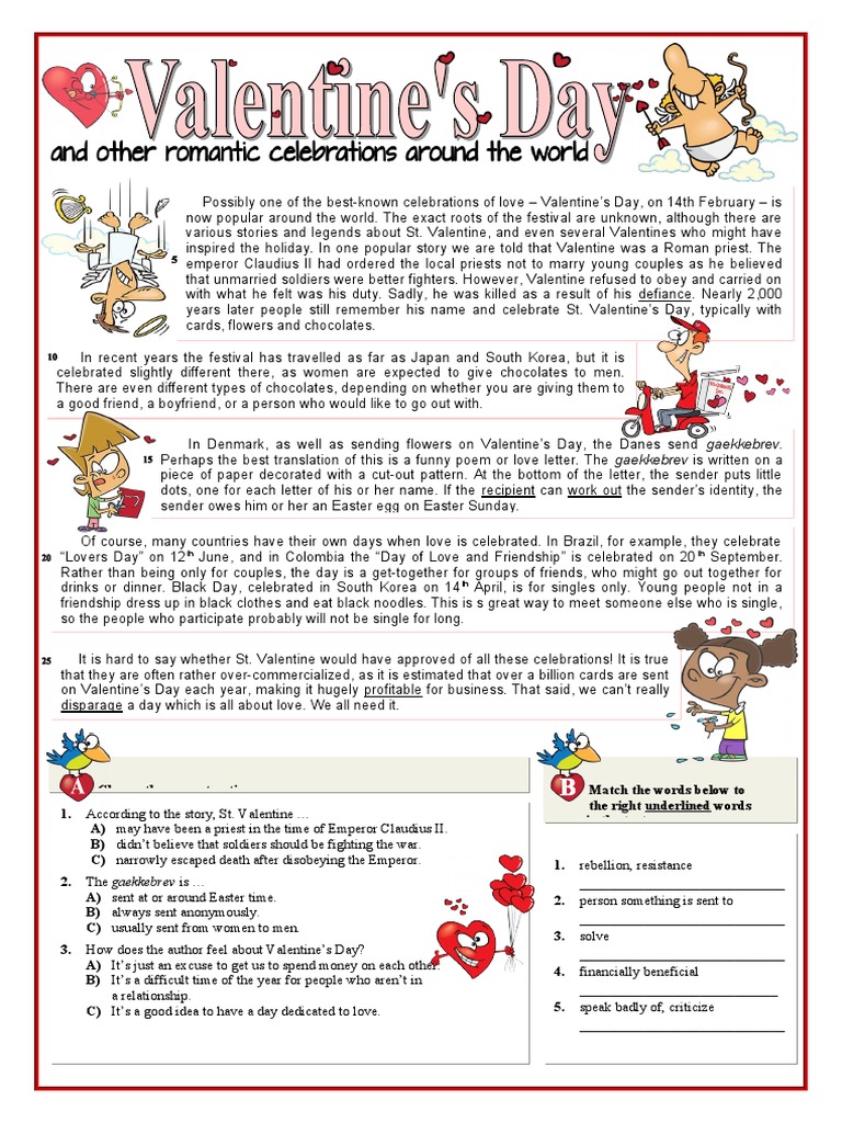 Valentines Day b1 Reading and Rephrasing Reading Comprehension ...