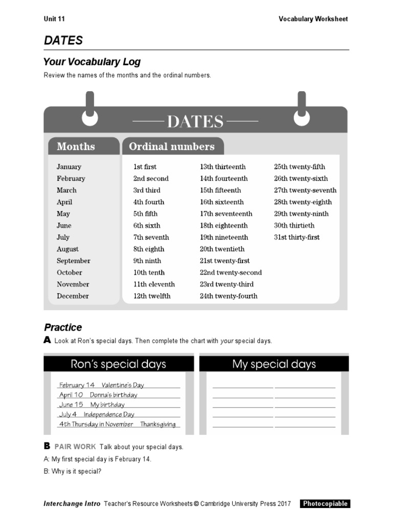 Interchange5thEd IntroLevel Unit11 Vocabulary Worksheet | PDF