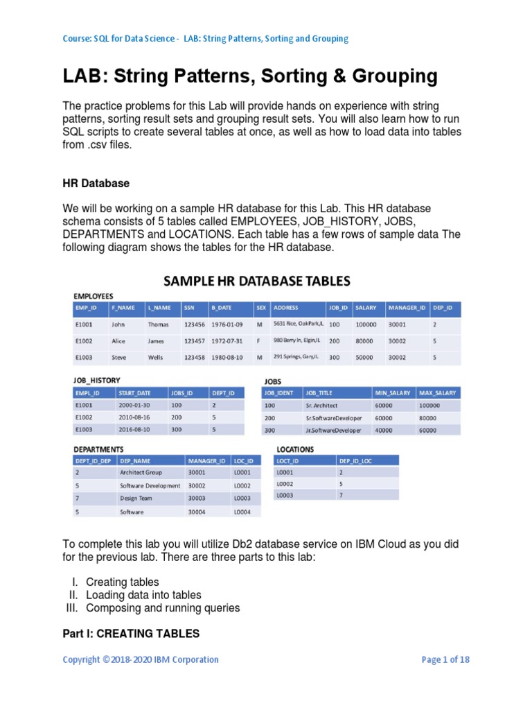 LAB: String Patterns, Sorting & Grouping: HR Database | PDF | Sql | Table (Database)