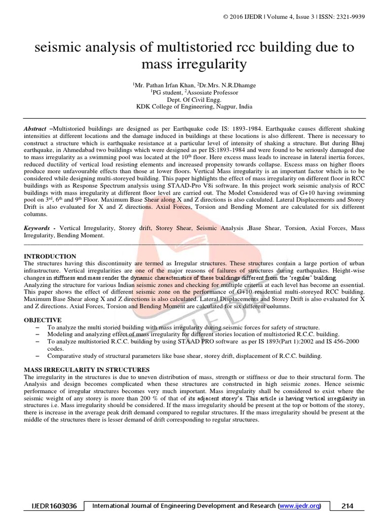 Seismic Analysis of Multistoried RCC Building Due To Mass Irregularity | PDF | Bending ...
