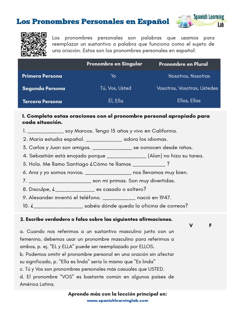 Los Pronombres Personales en Español Subject Pronouns Spanish Worksheet ...