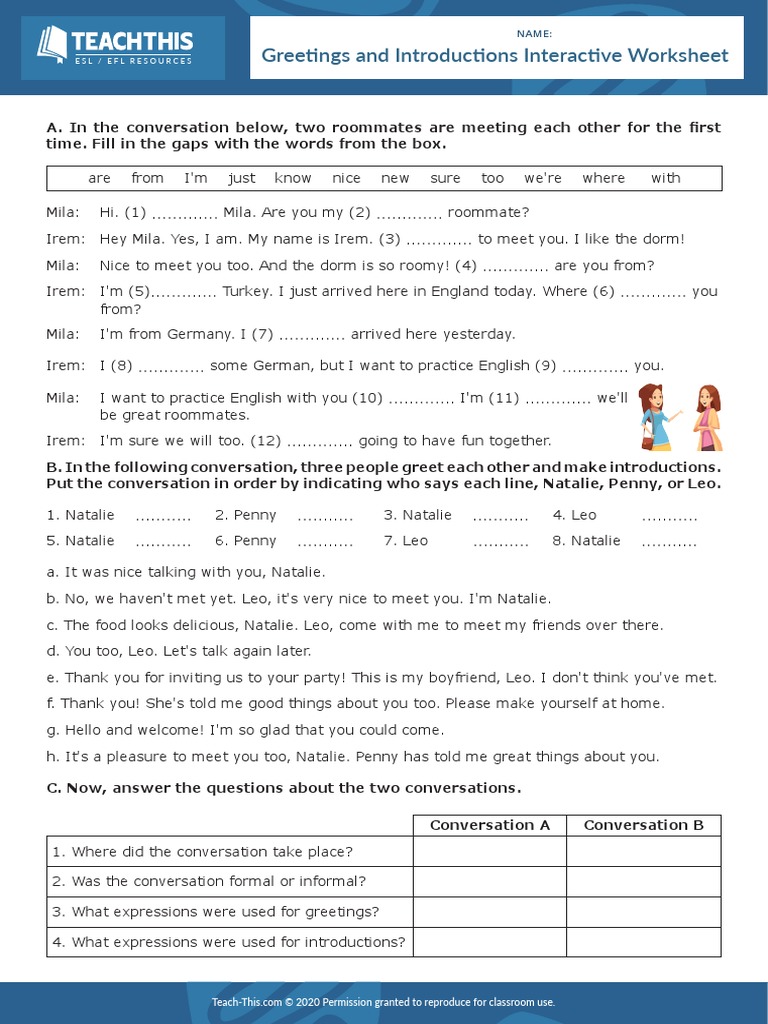 Greetings and Introductions Interactive Worksheet | PDF | Language Arts ...