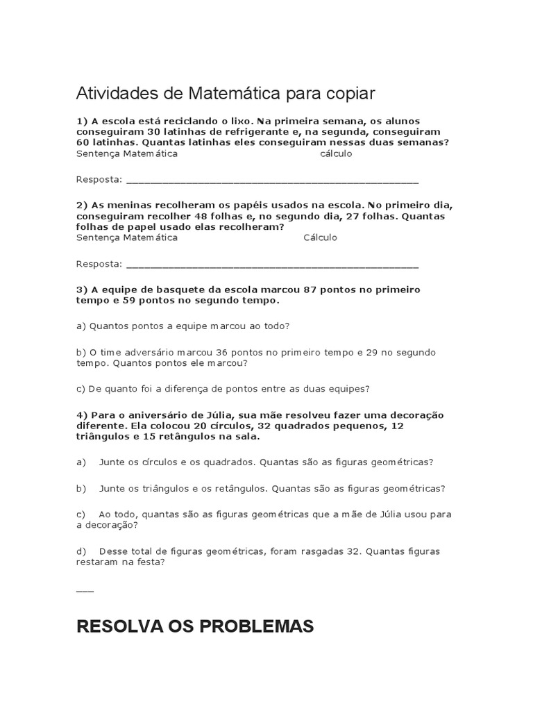 Atividades de Matemática para Copiar | Download grátis PDF | Geometria