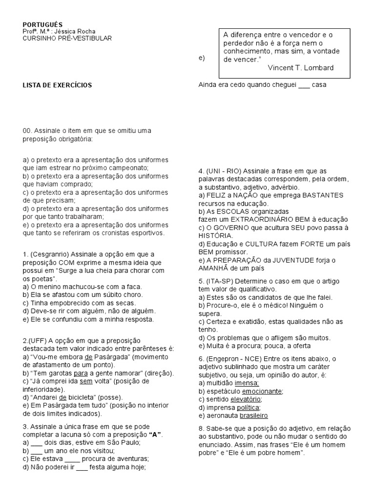 Exercícios de (Prep. e Conj.) | PDF | Semiótica | Linguística