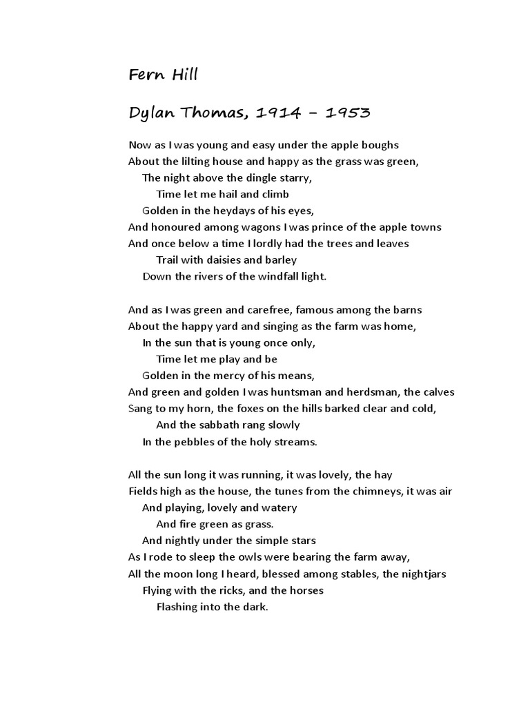 Fern Hill Dylan Thomas, 1914 - 1953 | PDF | Nature | Nature