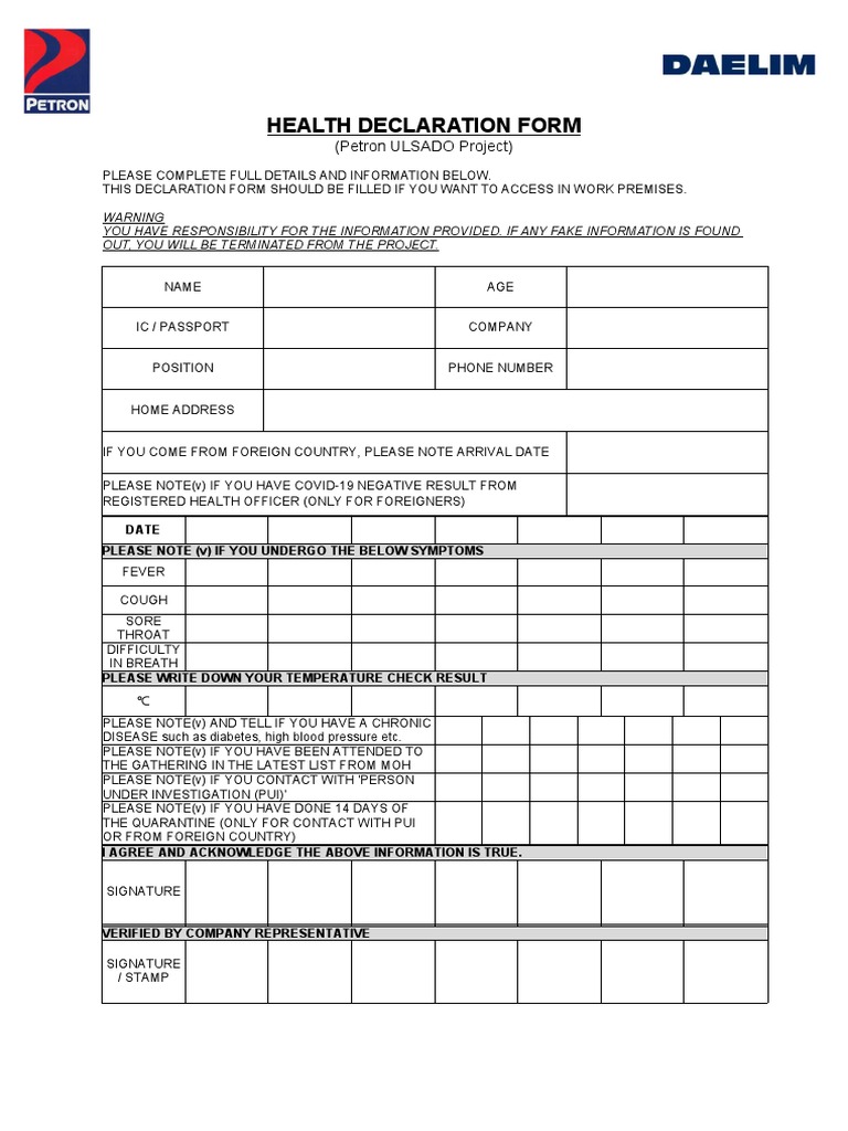 Health Declaration Form: (Petron ULSADO Project) | PDF