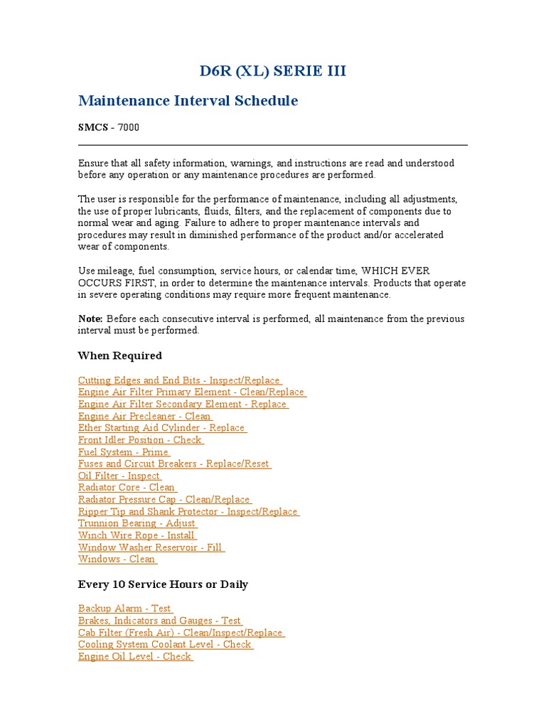 D6R Maintenance Interval Schedule | PDF | Nut (Hardware) | Motor Oil