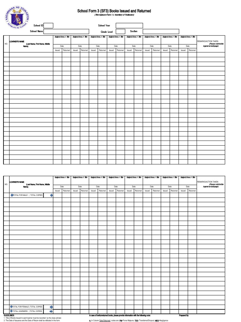 School Form 3 (SF3) Books Issued and Returned: School ID School Year ...