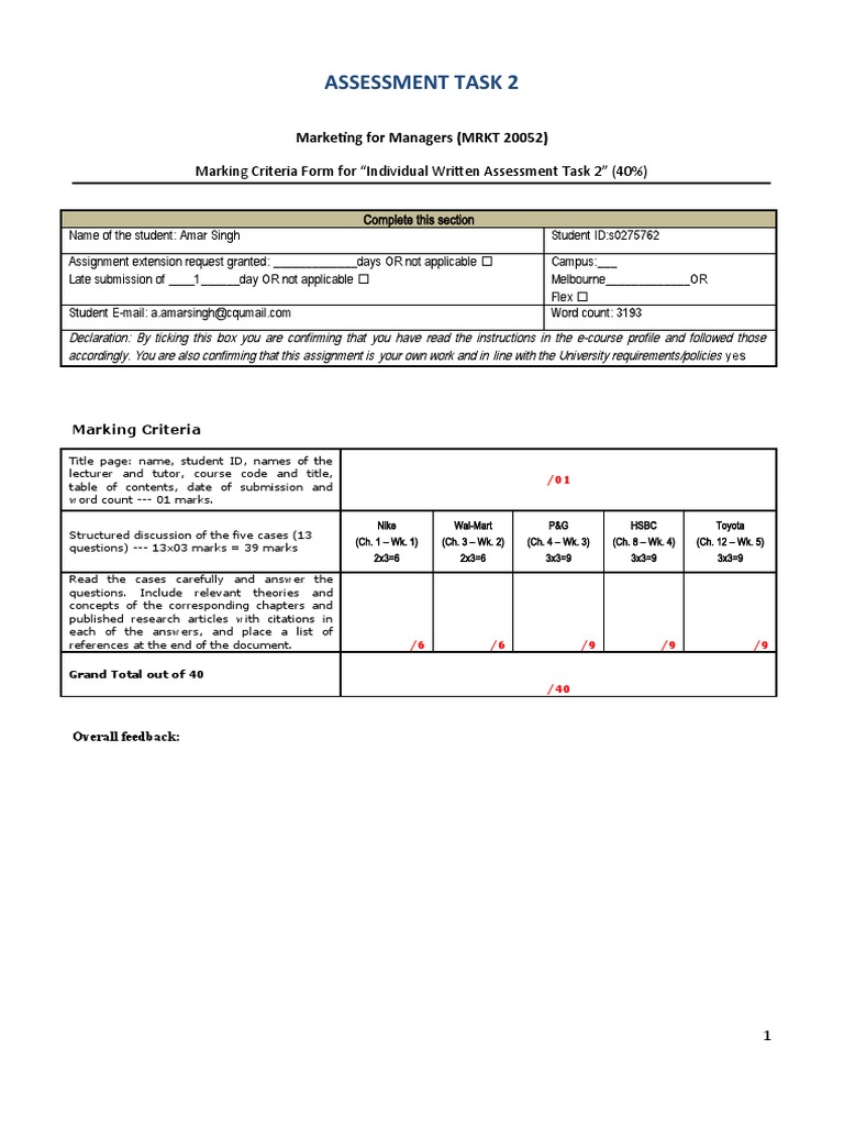 Assessment Task 2: Marking Criteria Form For "Individual Written ...