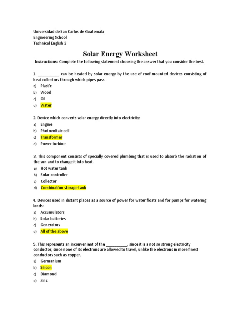 Solar Energy Worksheet: Instructions: Complete The Following Statement ...