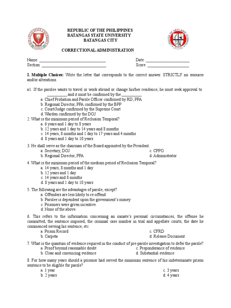 Sample Compre Exam | PDF | Parole | Probation