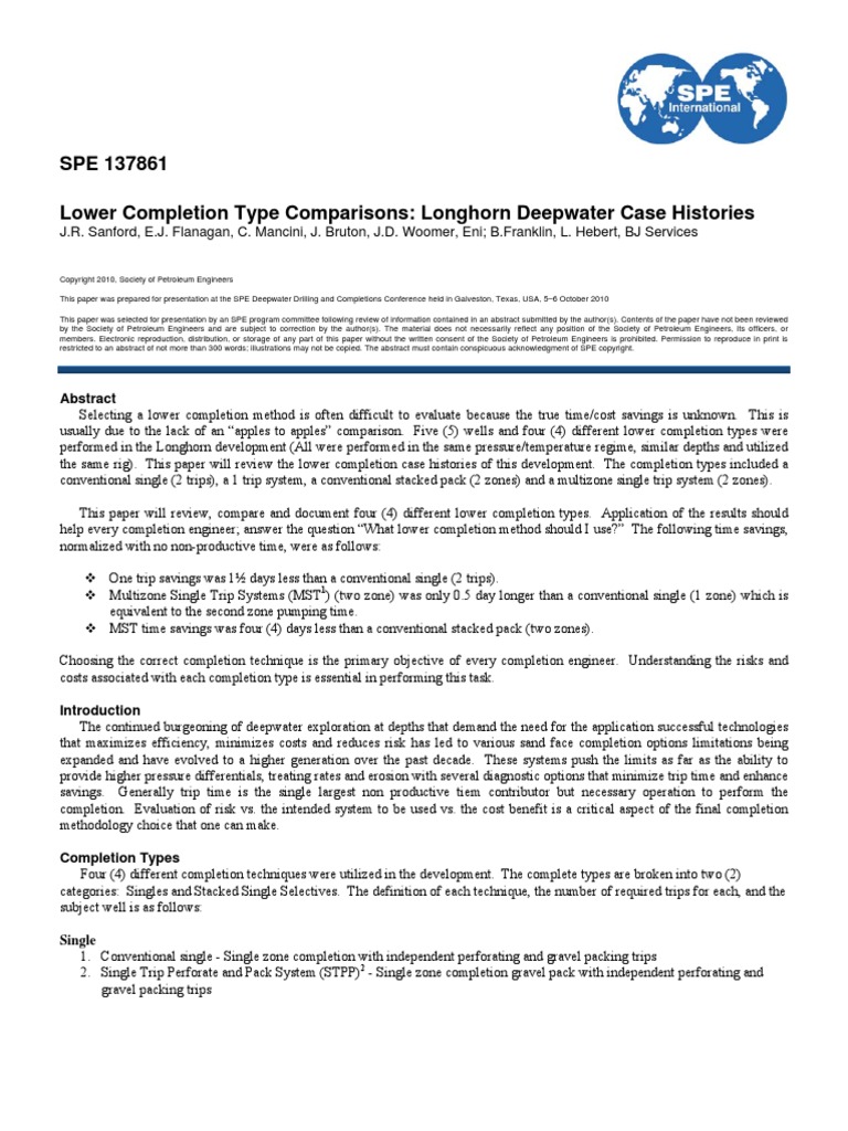 SPE 137861 Lower Completion Type Comparisons: Longhorn Deepwater Case ...