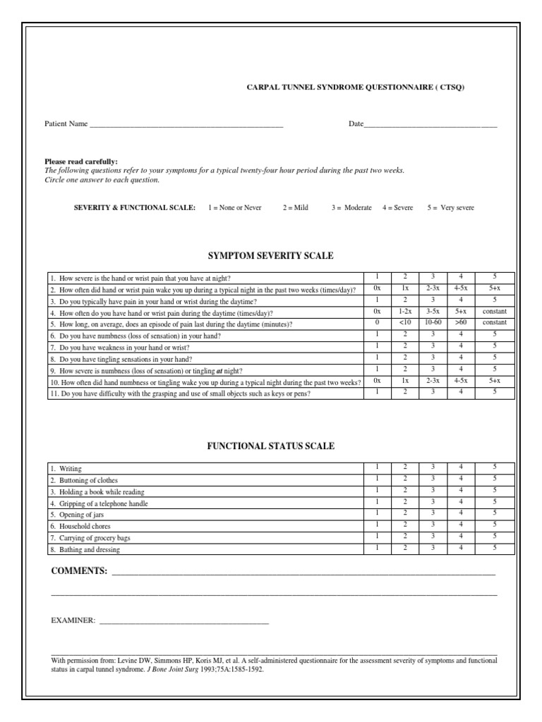 Carpal Tunnel Syndrome Questionnaire (CTSQ) | PDF | Hand | Carpal ...