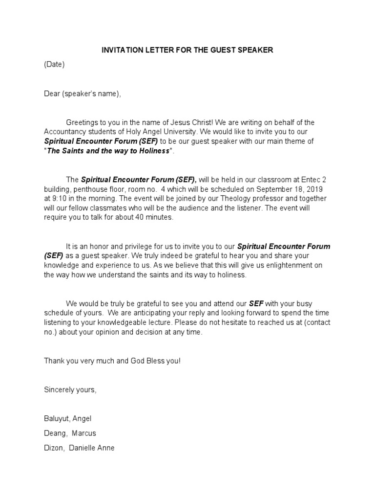 Invitation Letter For The Guest Speaker | PDF