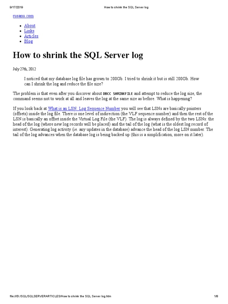 How To Shrink The SQL Server Log | PDF | Database Transaction | Backup