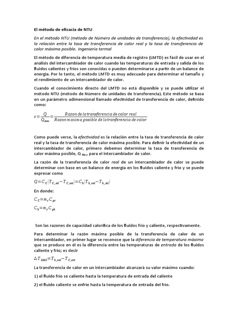 El Método de Eficacia de NTU | PDF | Intercambiador de calor | Calor