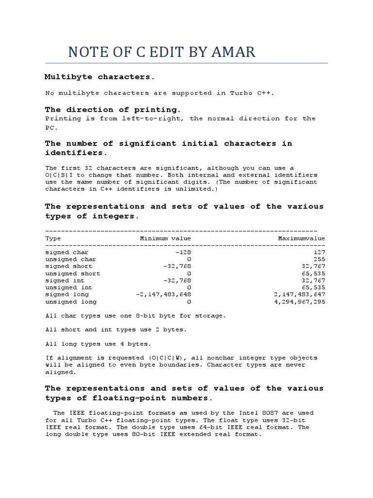 Note Of C Edit By Amar No Multibyte Characters Are Supported In Turbo C Pdf Integer