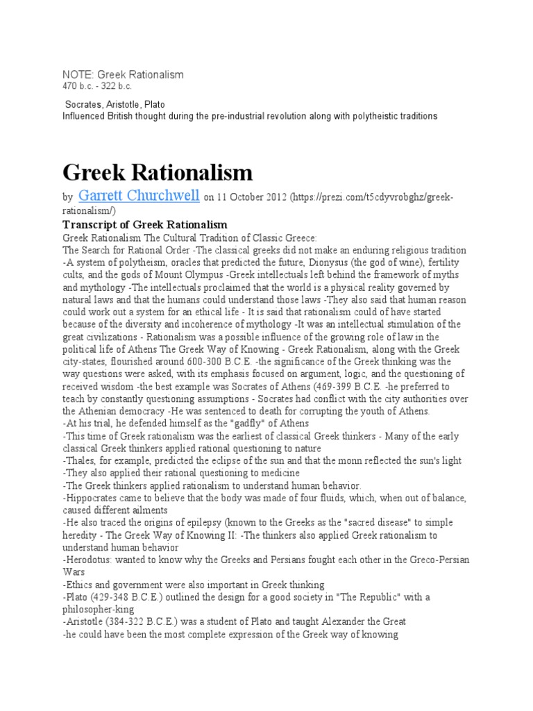 NOTES For Greek Rationalism | PDF | Rationalism | Plato