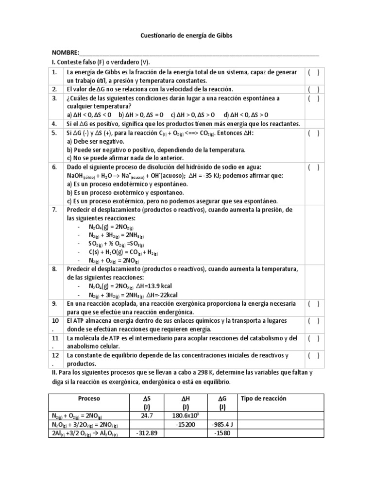 Cuestionario de Gibss | PDF | Entalpía | Materiales