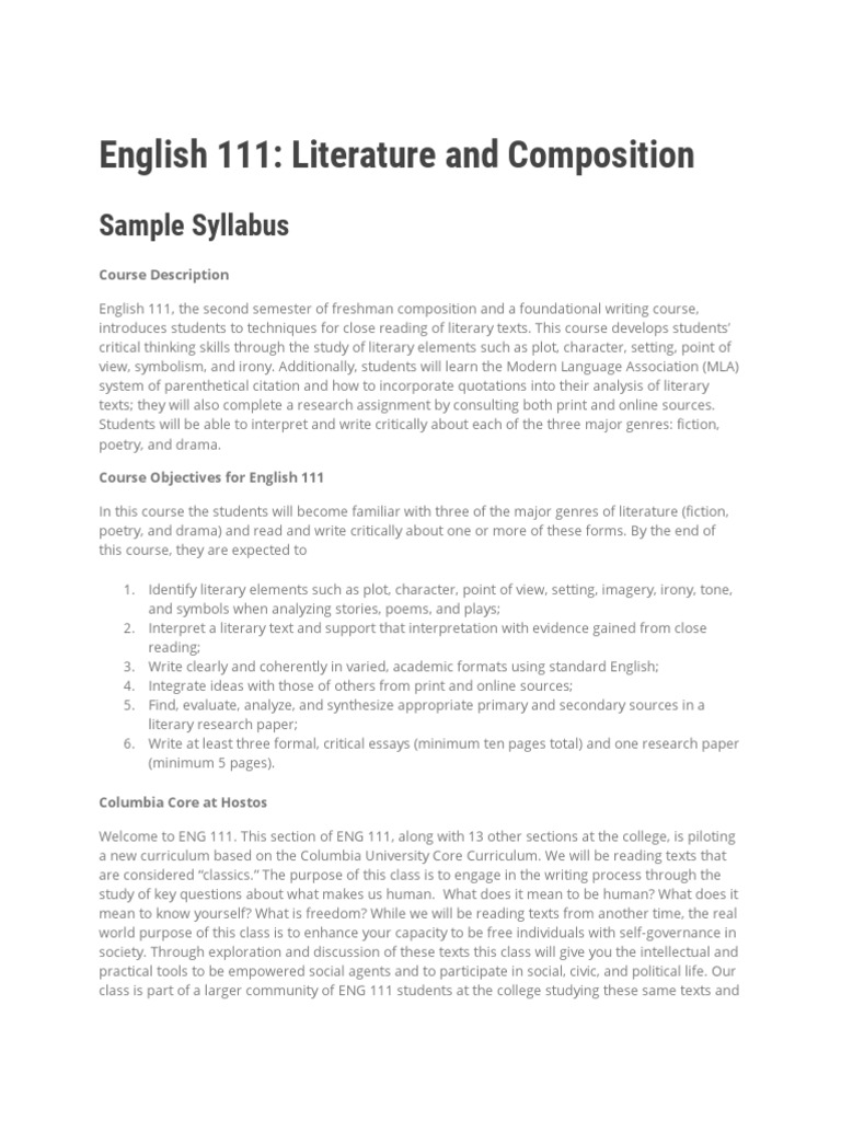 English 111: Literature and Composition: Sample Syllabus | PDF | Poetry