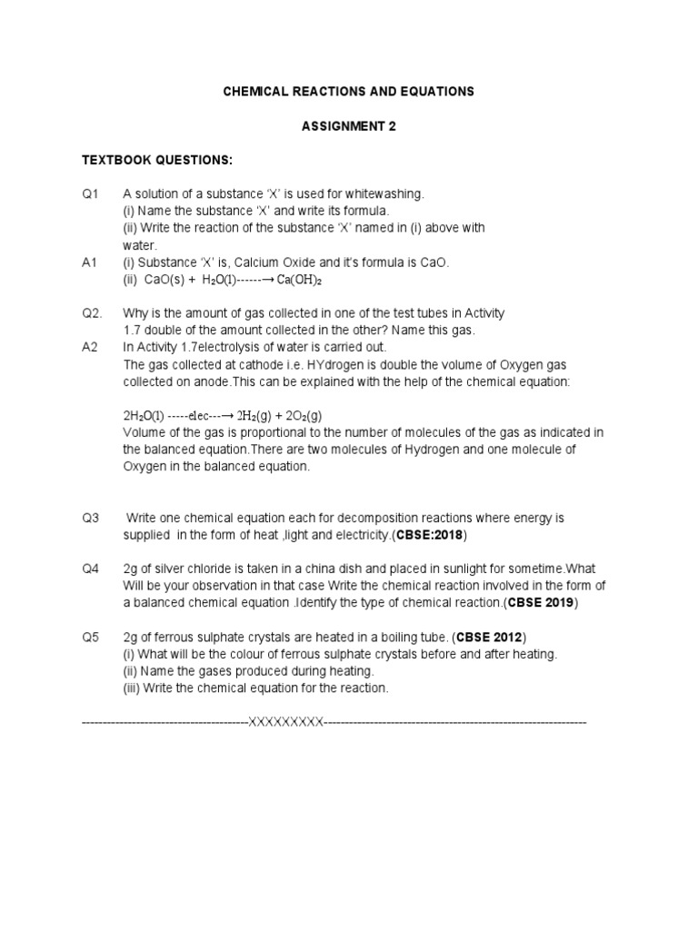 Chemical Reactions and Equations Assignment 2 Textbook Questions | PDF
