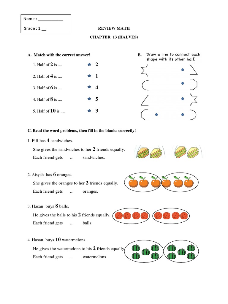 Review Math Chapter 13 (Halves) : 1. Half of Is ... | PDF