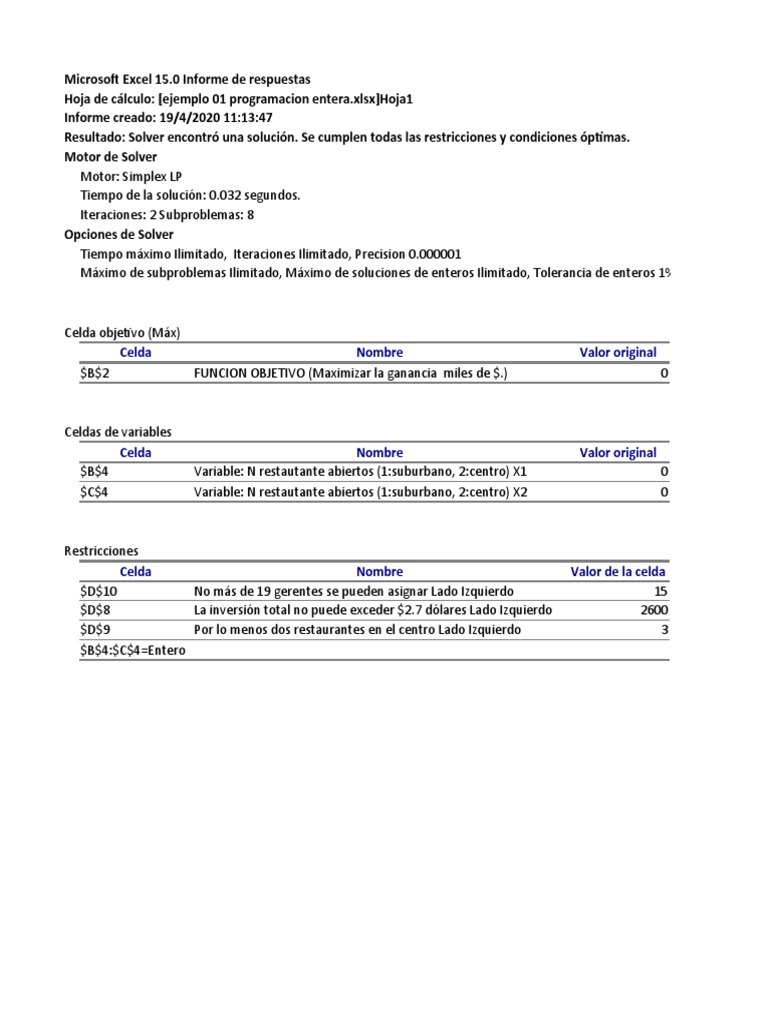 Ejemplo 01 Programación Lineal Entera en Excel | Descargar gratis PDF ...