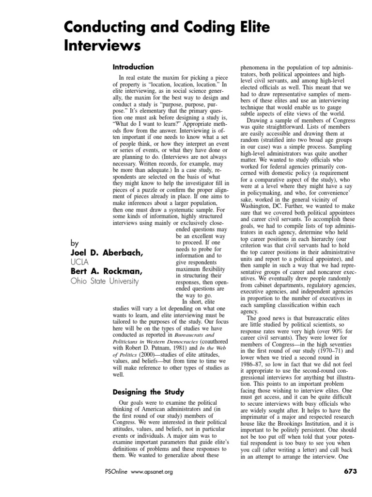 Aberbach Rockman - Conducting and Coding Elite Interviews 2002 PDF | PDF | Interview | Sampling ...