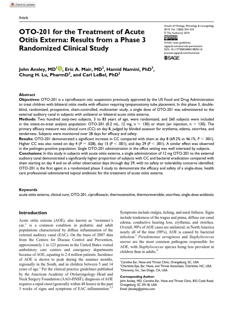 OTO-201 For The Treatment of Acute Otitis Externa: Results From A Phase ...
