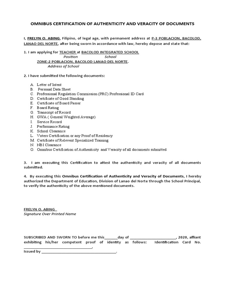 Omnibus Certification of Document Authenticity | PDF | Identity ...