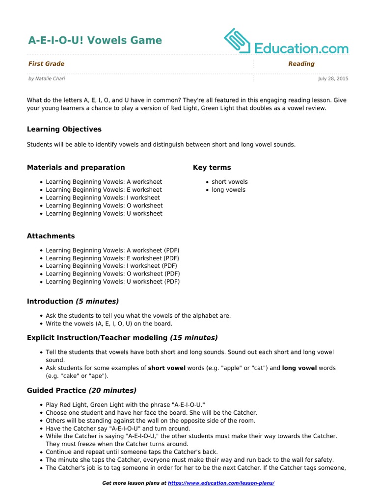 A-E-I-O-U! Vowels Game: Learning Objectives | PDF | Vowel | Semiotics