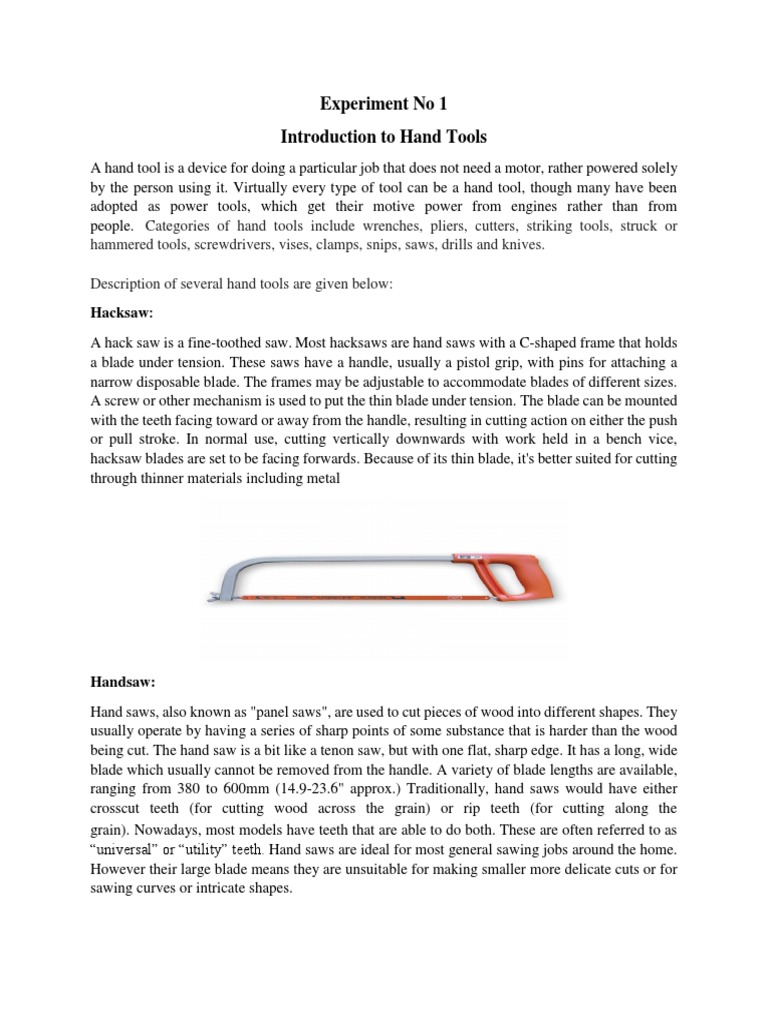 Experiment No 1 Introduction To Hand Tools: Hacksaw | PDF ...