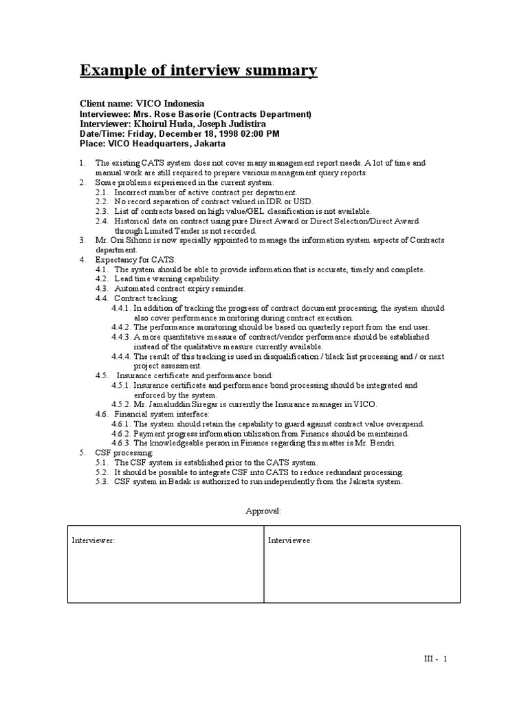 Example of Interview Summary: Client Name: VICO Indonesia Interviewer ...