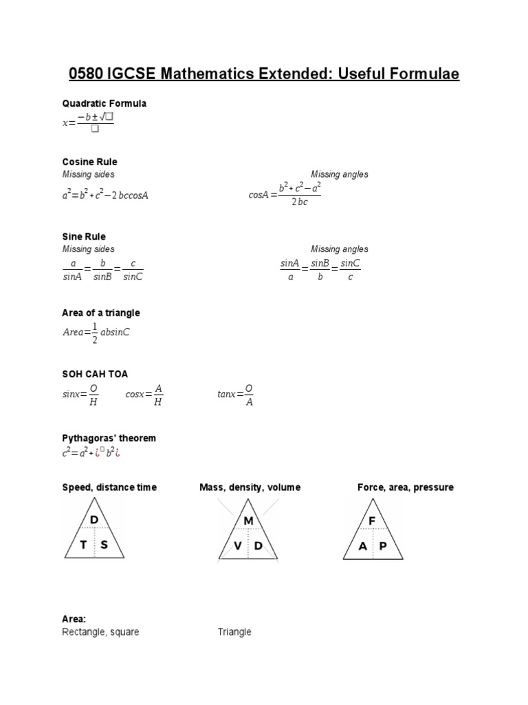 0580 IGCSE Mathematics - Useful Formulae | PDF | Area | Triangle