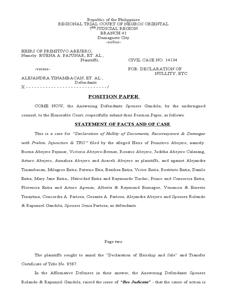 Sample Position-Paper | PDF | Res Judicata | Lawsuit