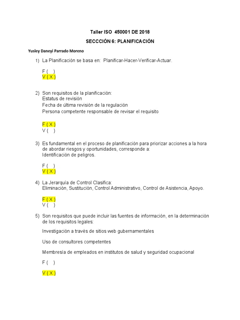 Taller Resuelto EXPOSICIÓN ISO 450001 DE 2018 | PDF