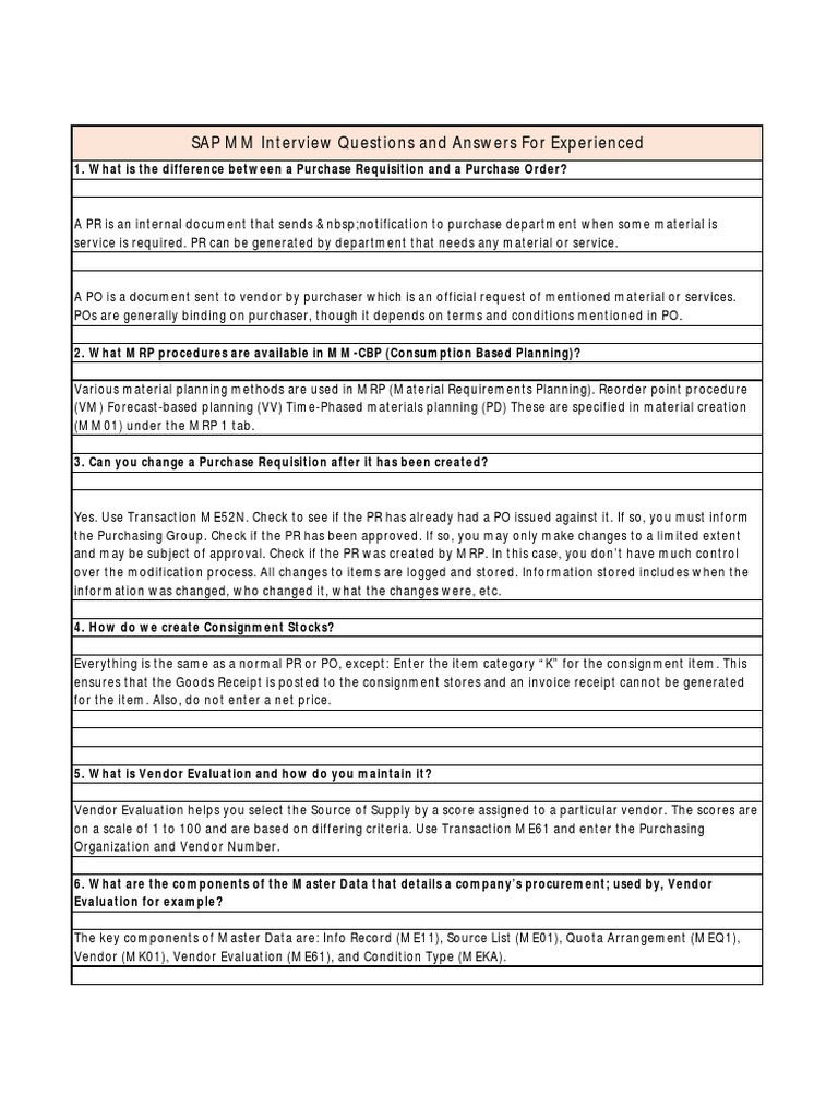 SAP MM Interview Questions and Answers For Experienced | PDF ...