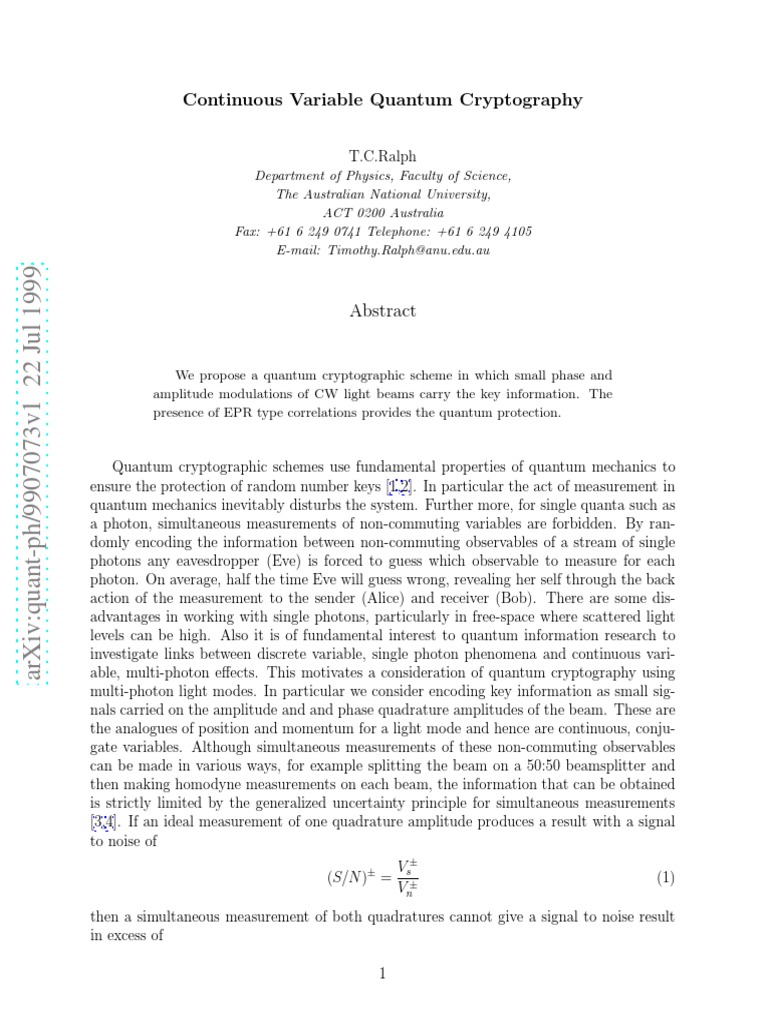 Continuous Variable Quantum Cryptography | PDF | Signal To Noise Ratio | Coherence (Physics)