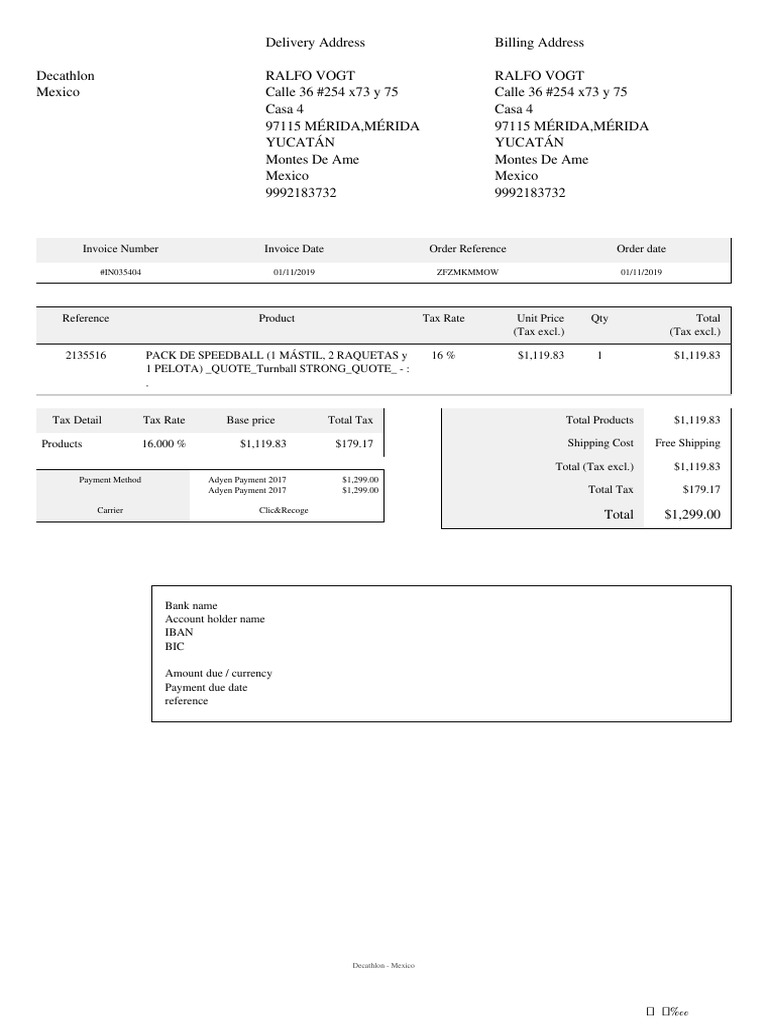 Decathlon Invoice for Speedball Package Delivery to Mexico | PDF ...