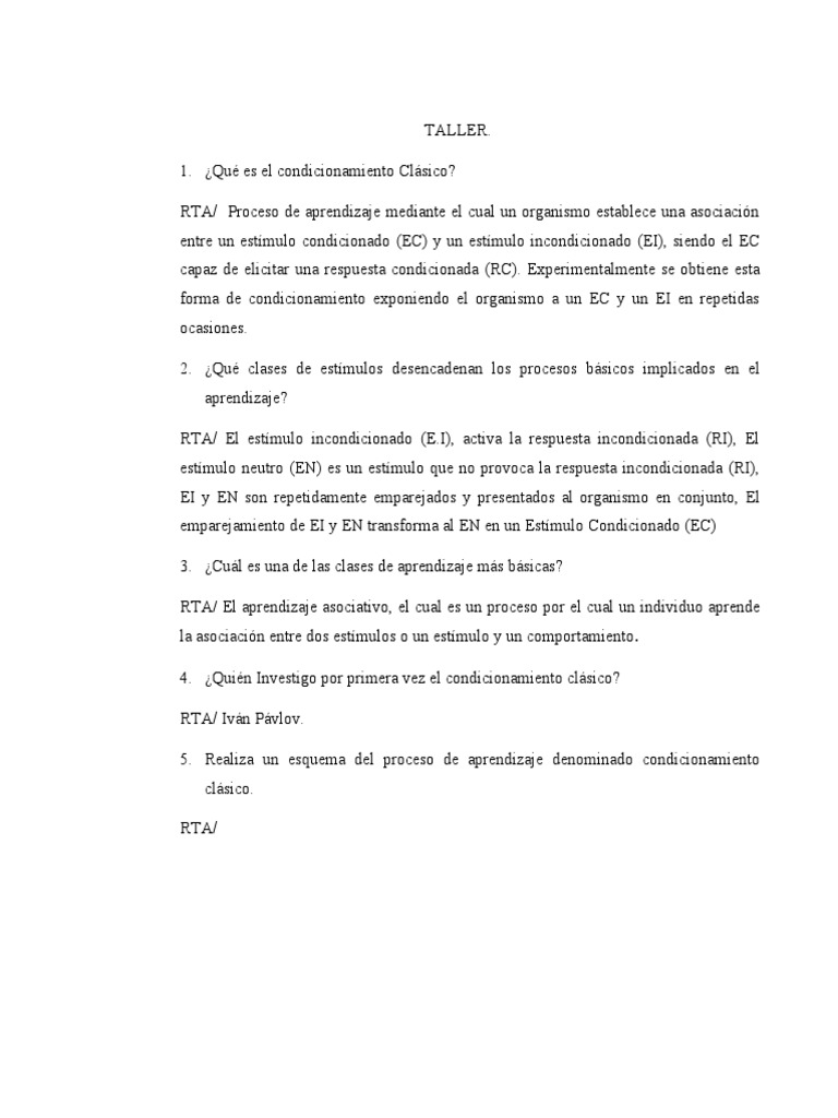 Taller Condicionamiento Clasico y Operante | PDF | Aprendizaje ...