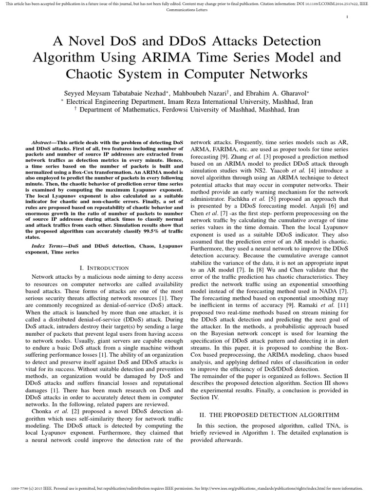 A Novel DoS and DDoS Attacks Detection Algorithm Using ARIMA Time ...