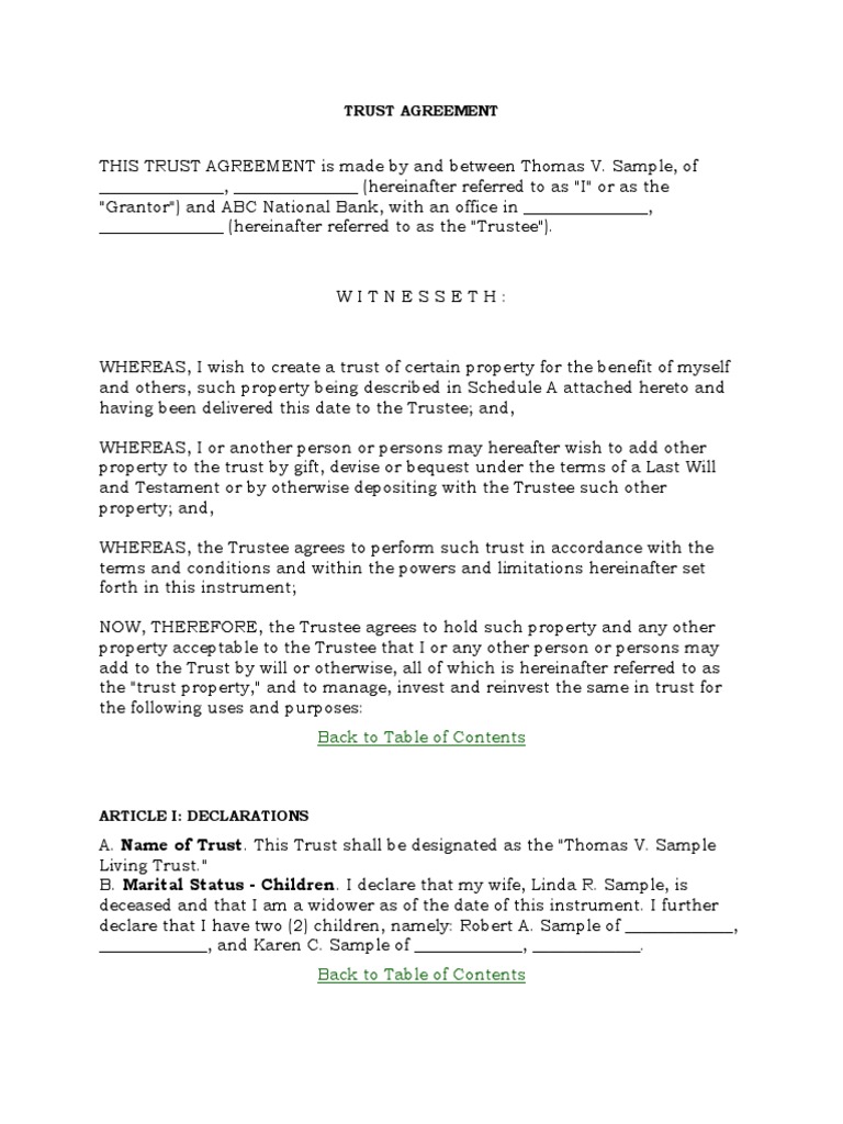 Trust Agreement: Back to Table of Contents | Trust Law | Trustee