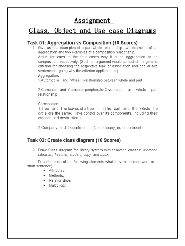 Assignment Class, Object and Use Case Diagrams: Task 01: Aggregation Vs Composition (10 Scores ...
